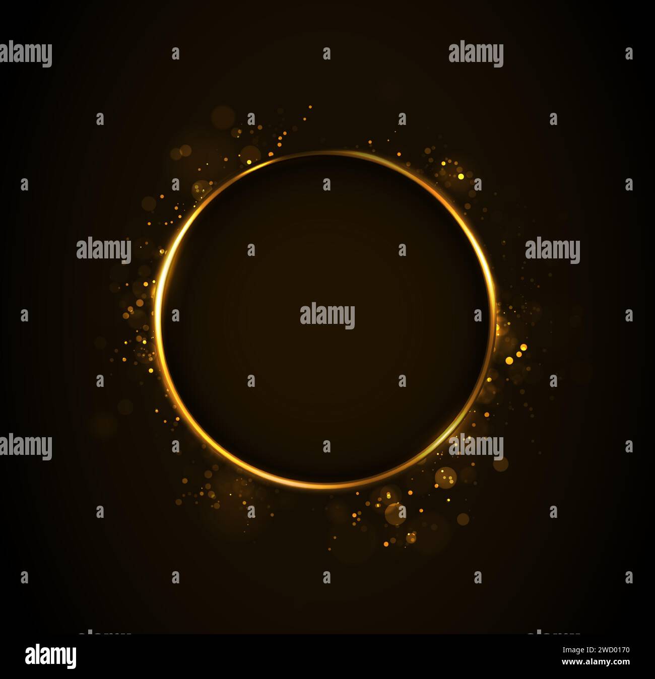 Vector abstract glowing gold circle with sparkles. Abstract round golden light frame on dark ...