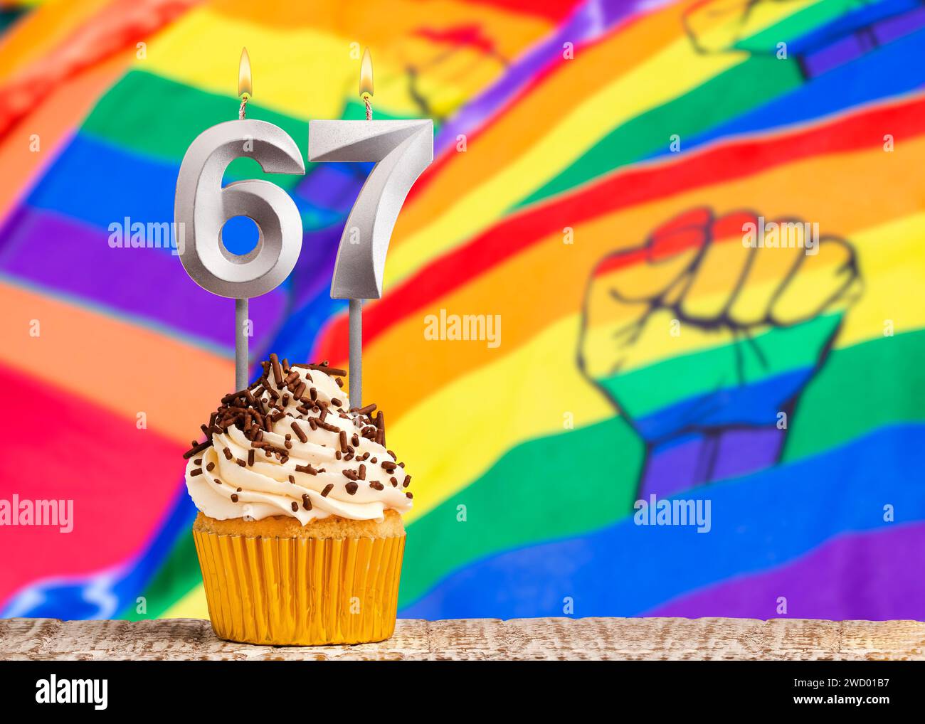 Birthday card with gay pride colors - Candle number 67 Stock Photo - Alamy
