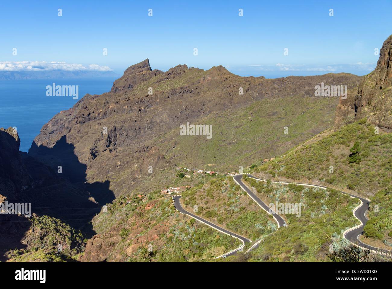 Aerial view of winding road in the mountains to Masca village on ...