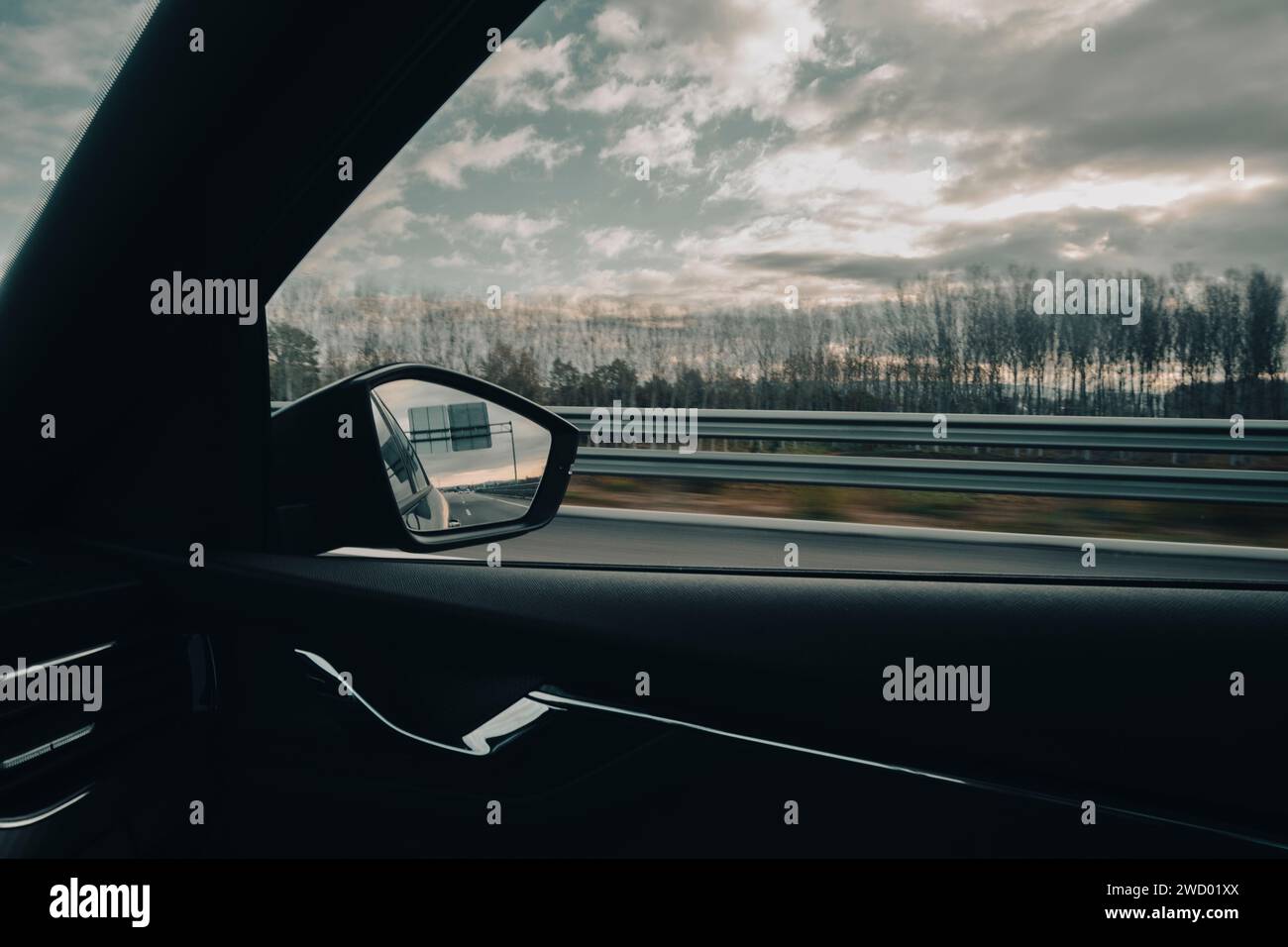 Right side window view scene of a road car on a highway on a beautiful ...
