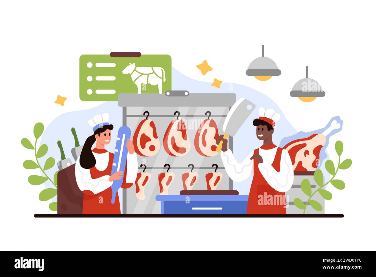 Beef aging process in butchery, steak production and storage. Tiny ...