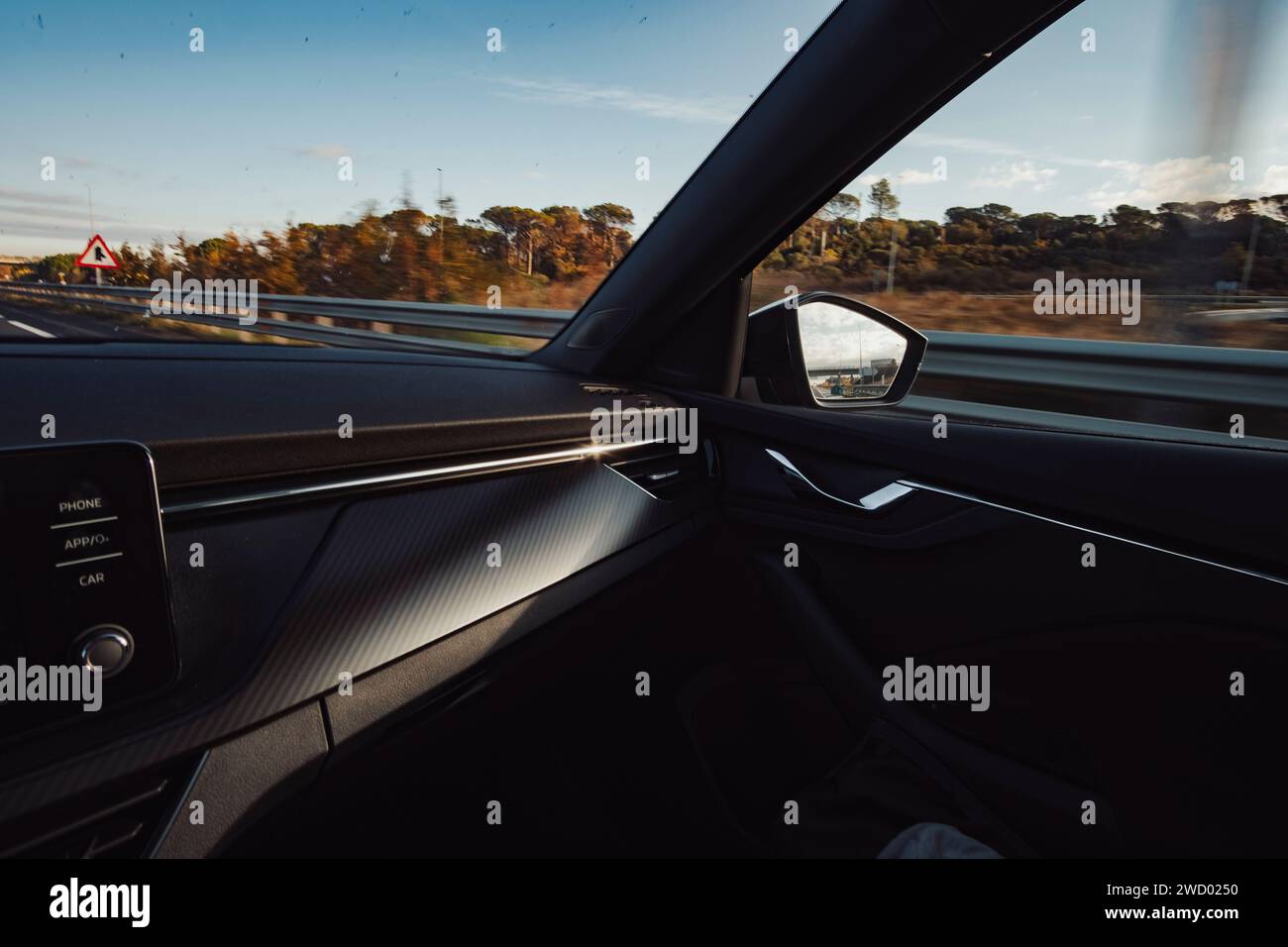 Right side window view scene of a road car on a highway on a beautiful ...