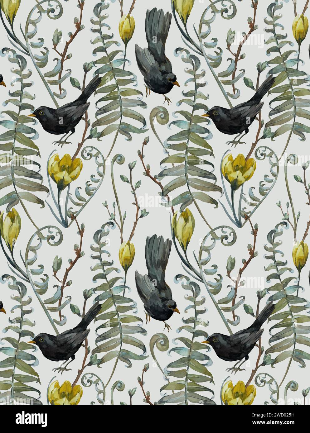 Hand drawn spring watercolor floral pattern. With black birds, crocus ...