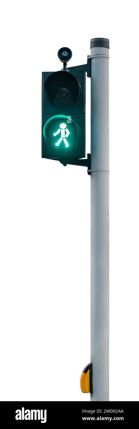 Green light on pedestrian traffic light isolated on white background ...
