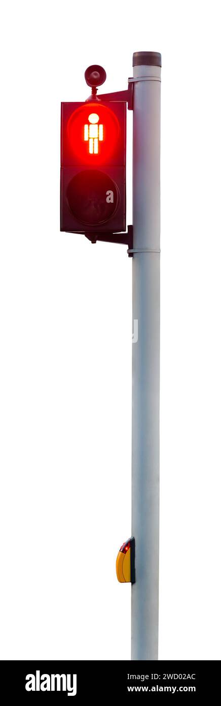 Red light on pedestrian traffic light isolated on white background with ...