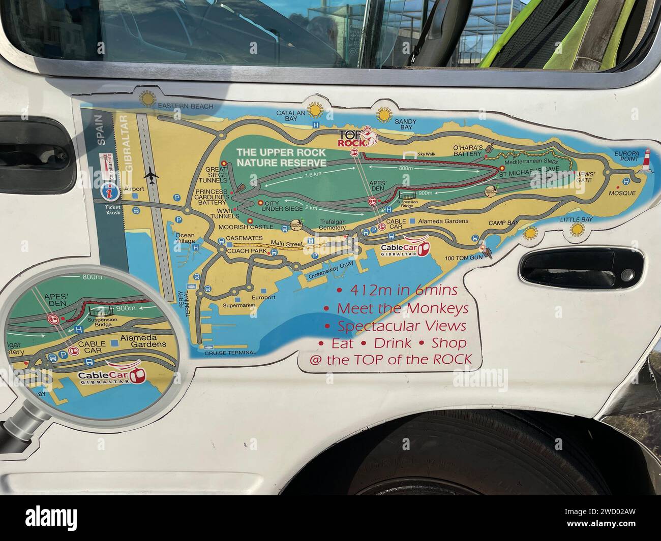 GIBRALTAR Map on side of tourist bus. Photo: Tony Gale Stock Photo - Alamy