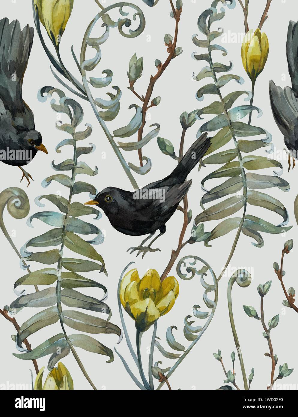Seamless hand drawn spring watercolor floral pattern. With black birds ...