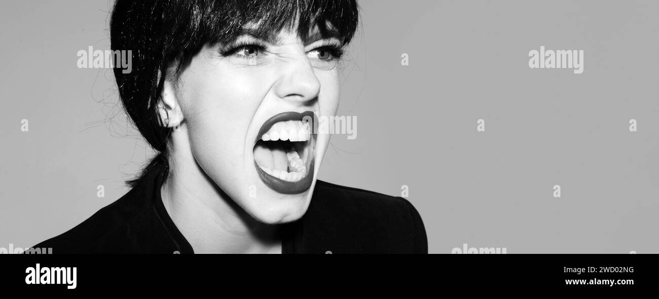 Woman shouting and screaming loud with open mouth. Horizontal banner ...