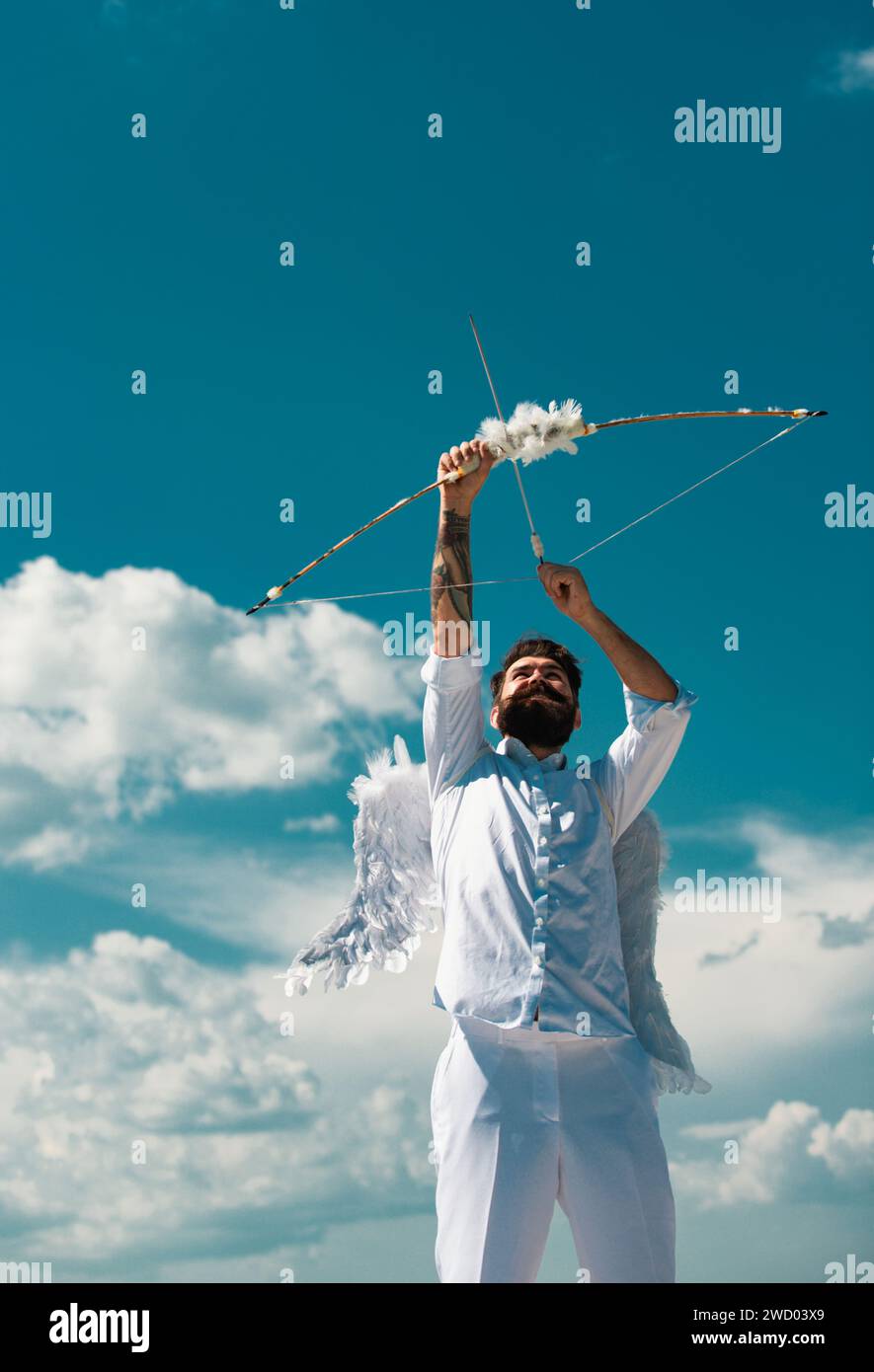 Crazy angel cupid valentin with bow arrow ready to shoot. Funny bearded ...