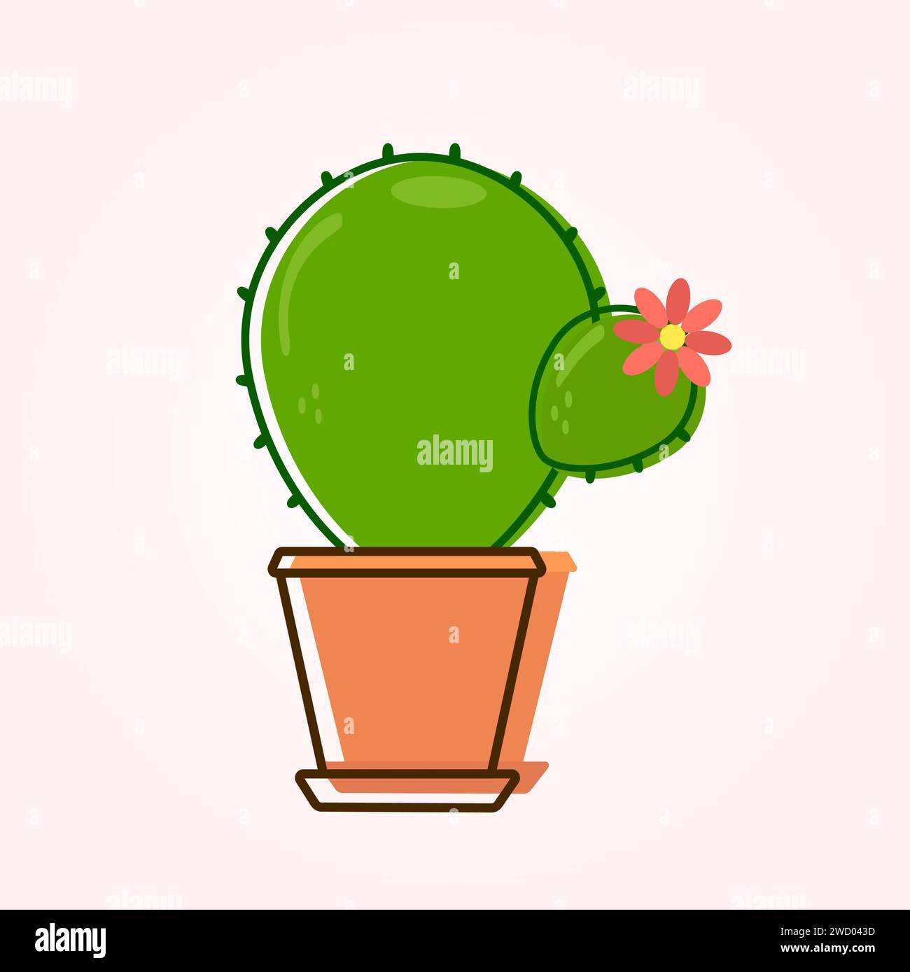 Green prickly round cactus with pink blooming flower in brown pot ...