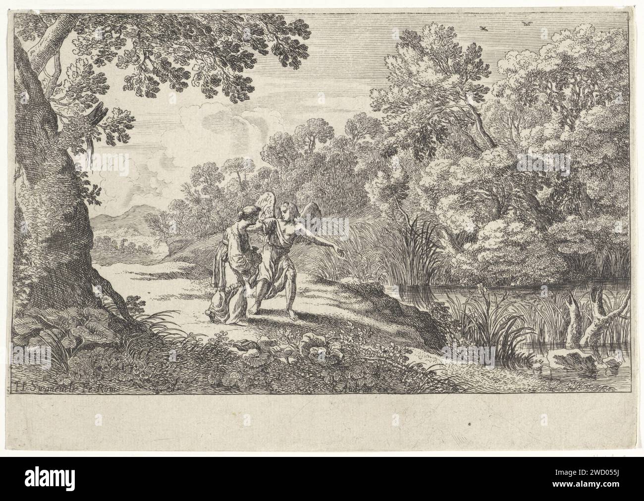 Hagar and the Engel, Herman van Swanevelt, 1629 - 1641 print In a hilly landscape with tree ...