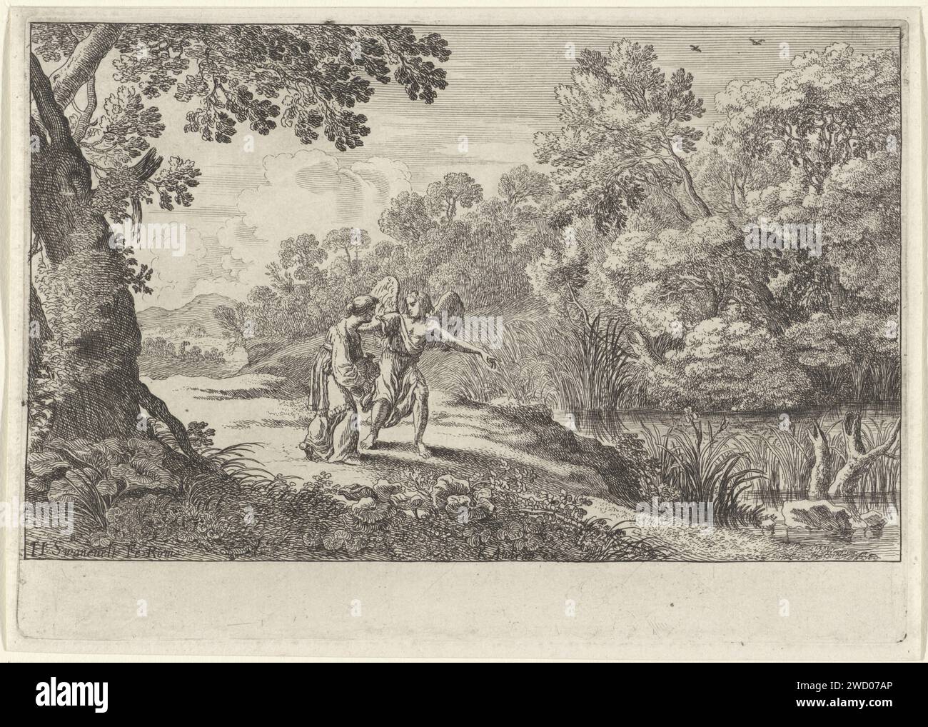 Hagar and the Engel, Herman van Swanevelt, 1629 - 1641 print In a hilly landscape with tree ...