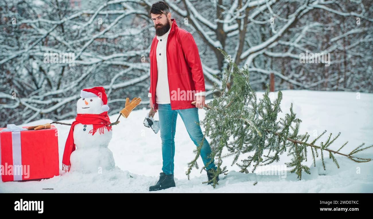 Santa man posing with axe and Christmas tree. Man is going to cut a ...