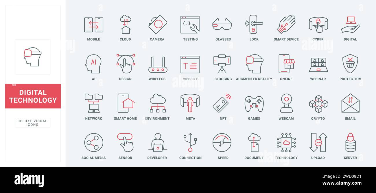 AI technology line icons set. Augmented reality glasses, connection to ...