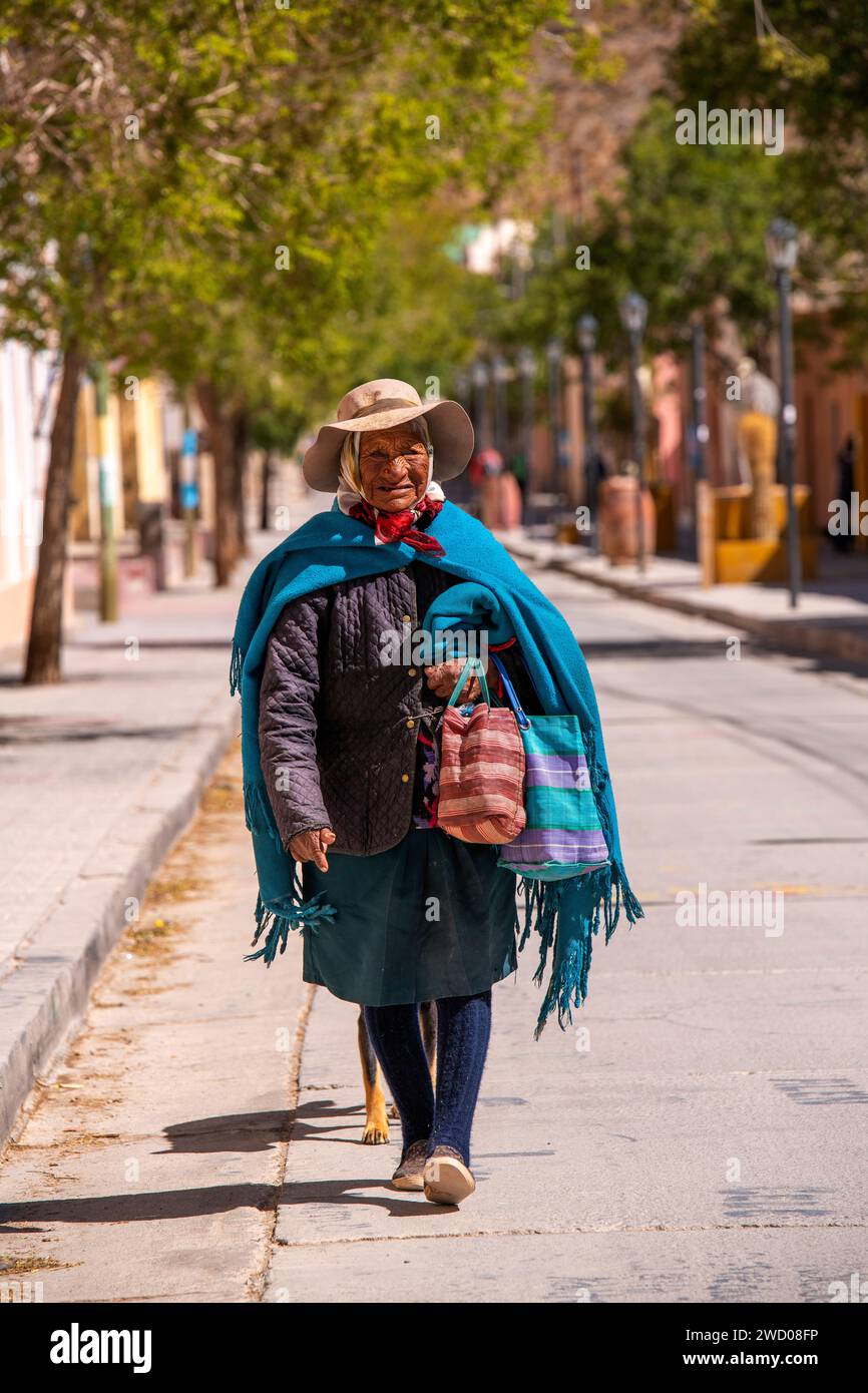 Old woman wearing a traditional andes blue poncho on the steet at San ...