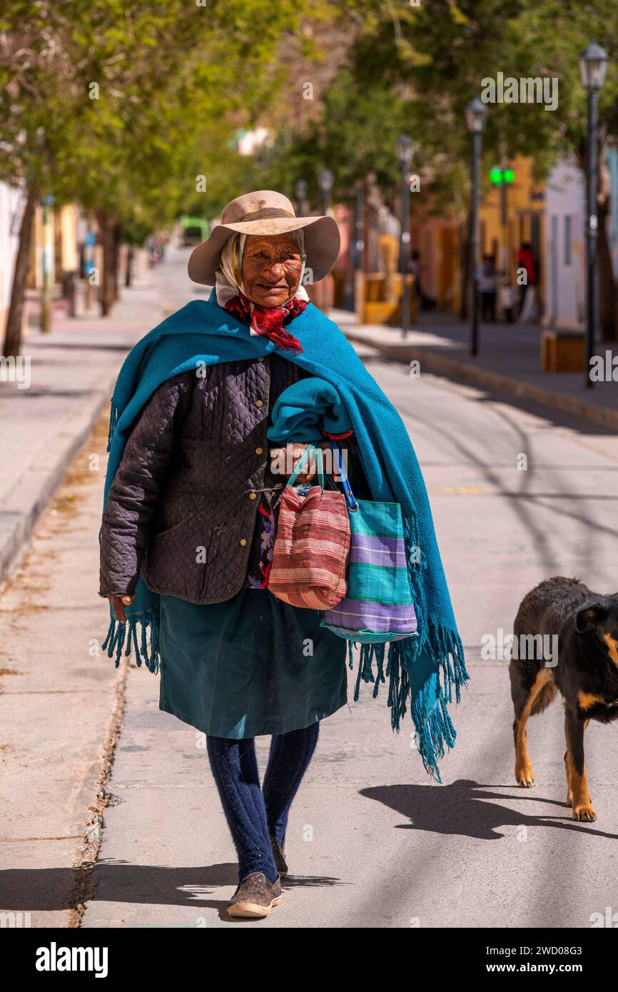 Old woman wearing a traditional andes blue poncho on the steet at San ...