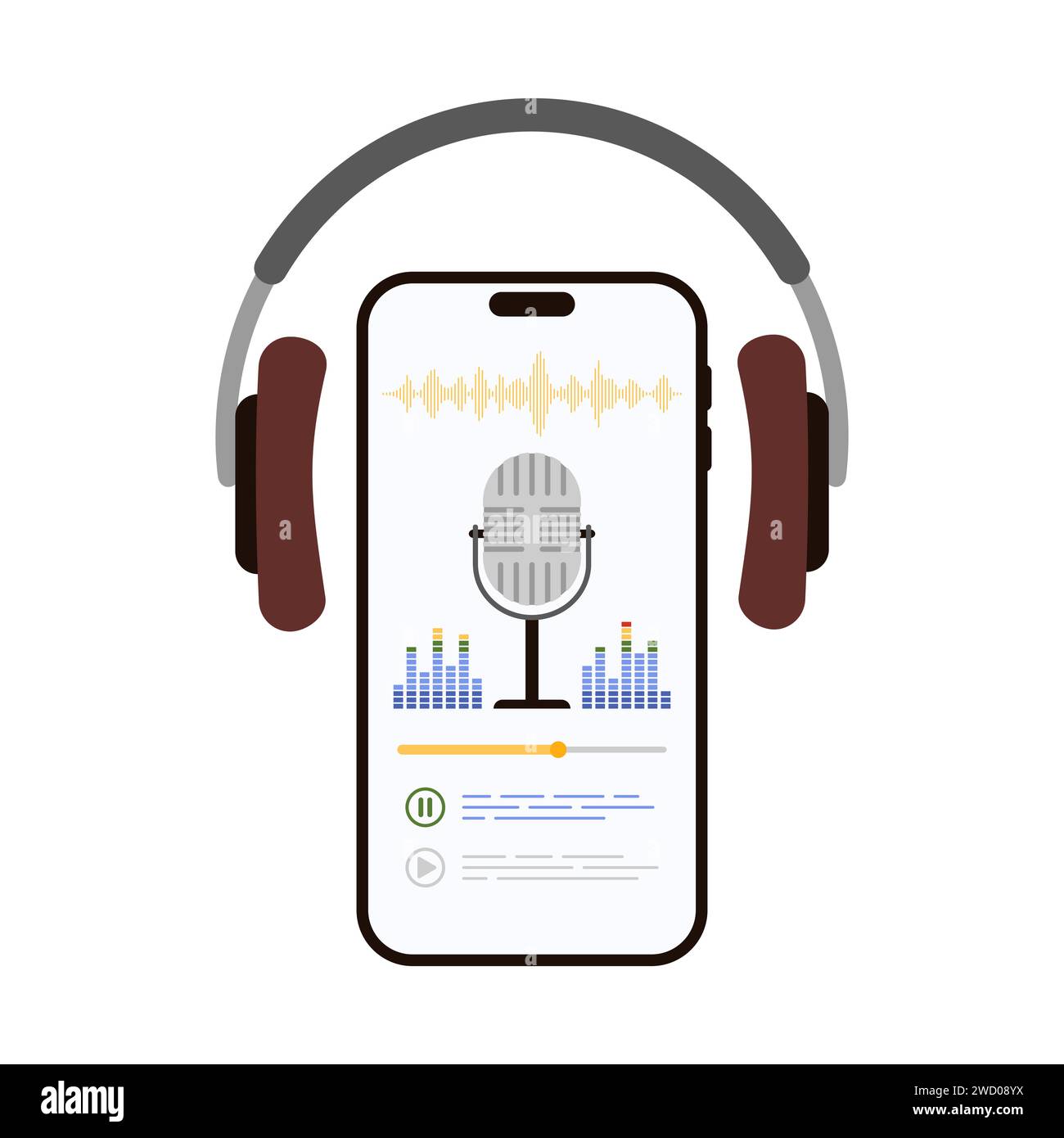 Radio podcast in mobile app. Smartphone with headphones and player ...