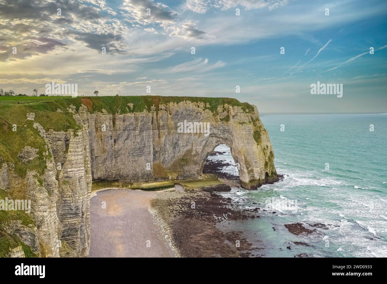 An aerial view of the Etretat in Normandy, the famous cliffs and needle ...