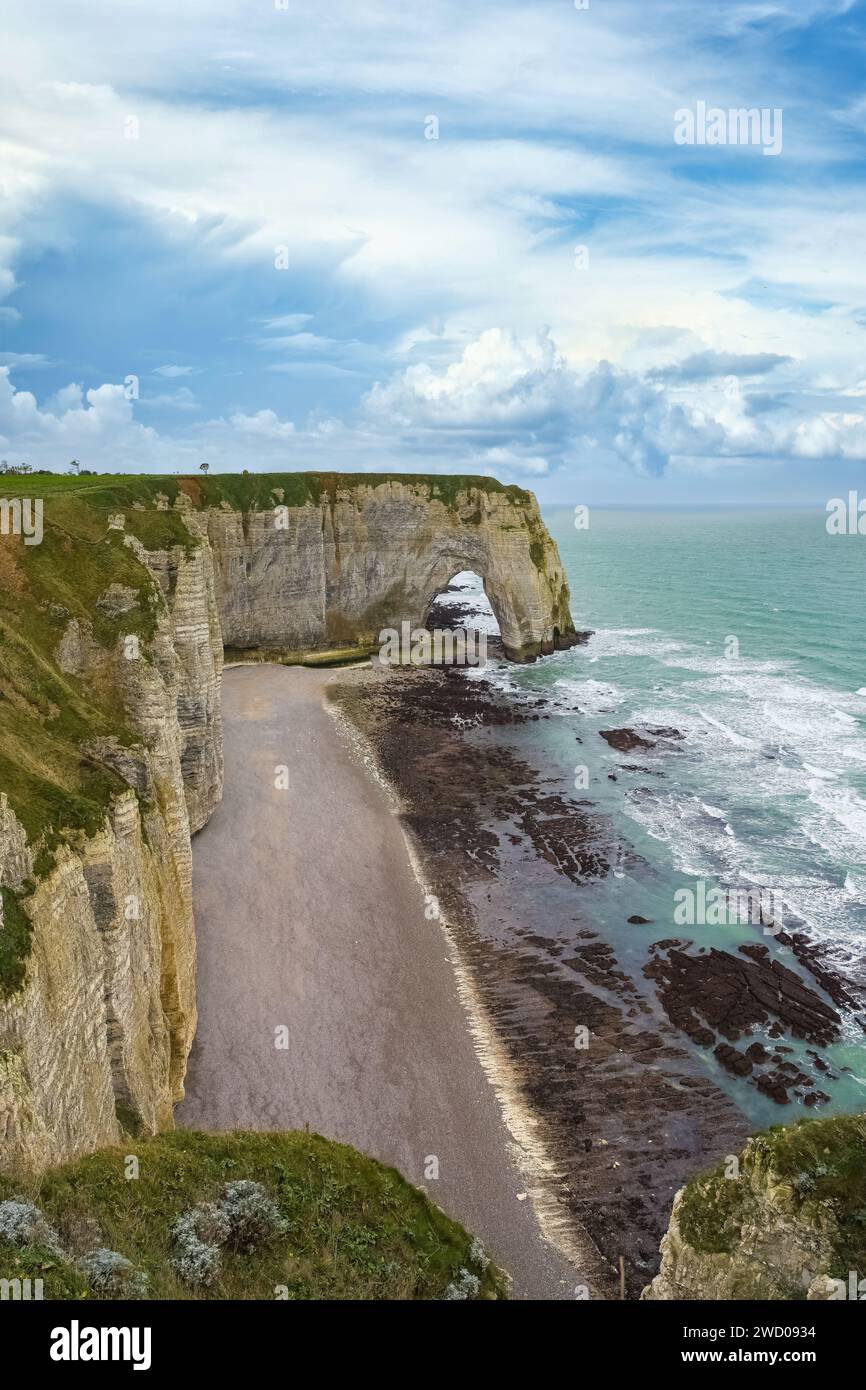 An aerial view of the Etretat in Normandy, the famous cliffs and needle ...