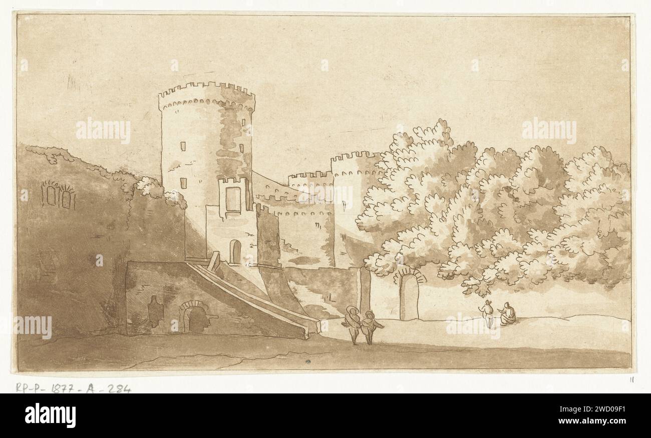 Wall of a castle with towers, Anthonie van den Bos, after Jacob van der ...