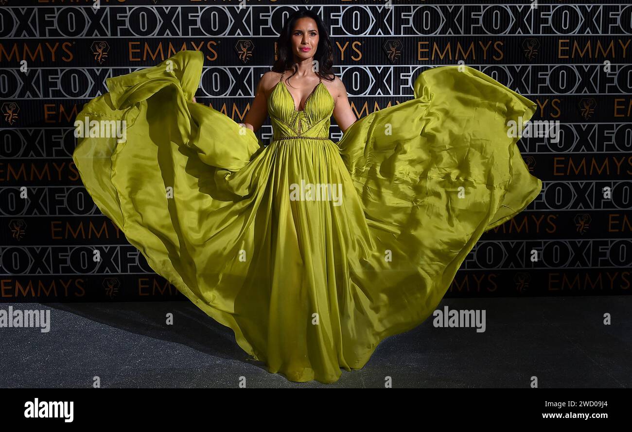 Padma Lakshmi poses on the red carpet at the 75th Emmy Awards on Monday, Jan. 15, 2024 at the ...
