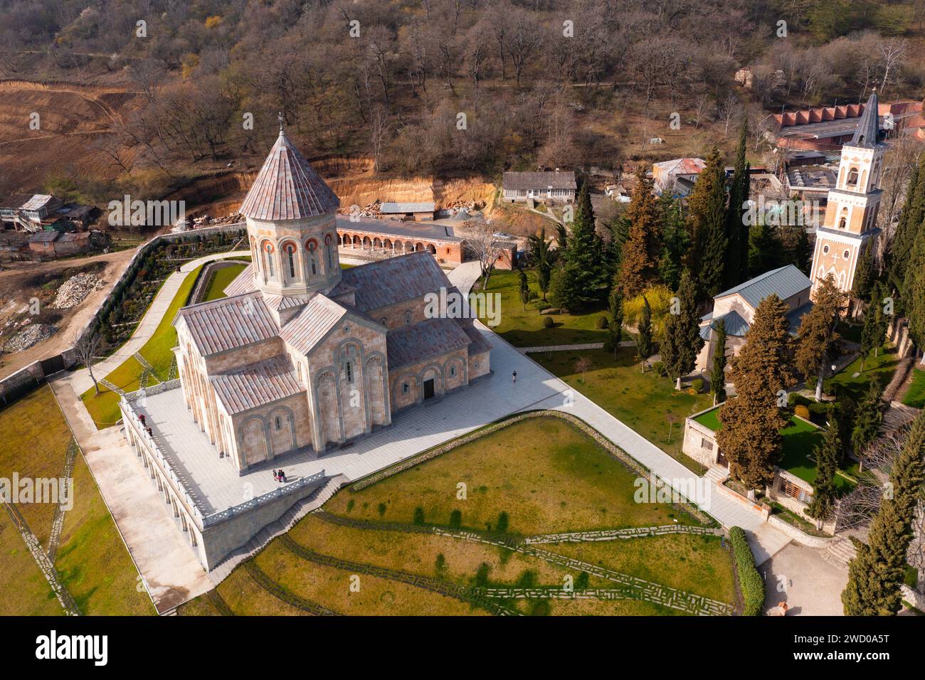Spring aerial view of Bodbe monastic complex on hillside, Georgia Stock ...