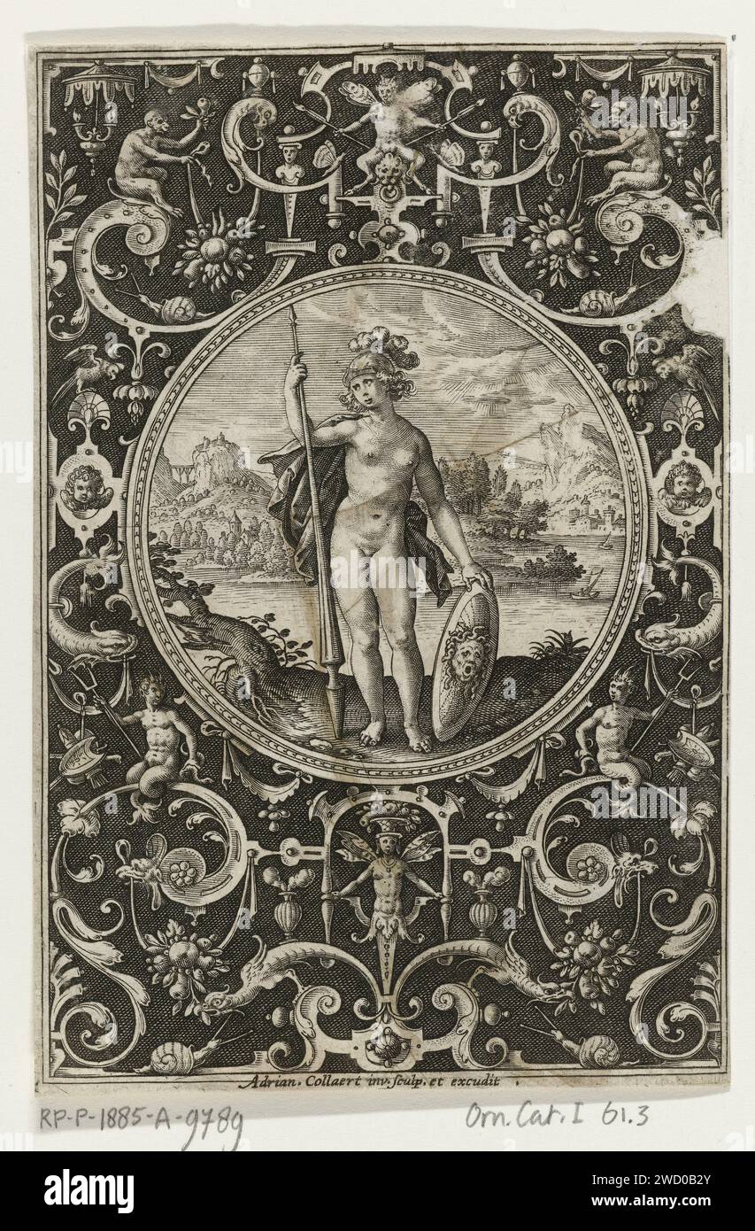 Medallon with Minerva with lance and shield with medusa head in frame ...