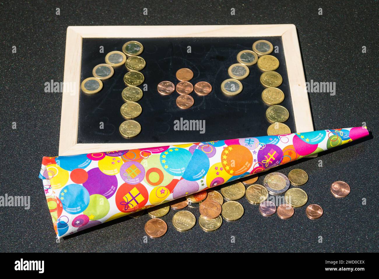 school cone, blackboard and money, symbolic image for school fees Stock ...