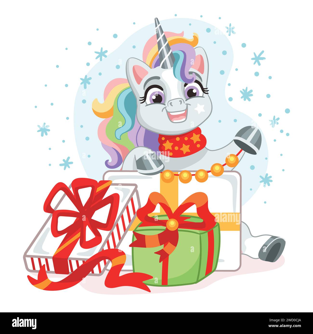Cute happy smiling baby unicorn with a gifts and snowflakes. Christmas ...