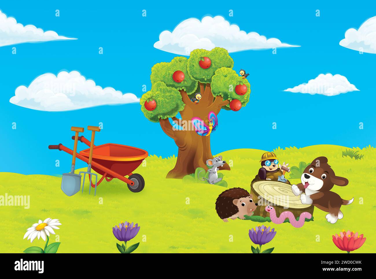 cartoon scene with farm ranch garden and animals on beautiful day ...
