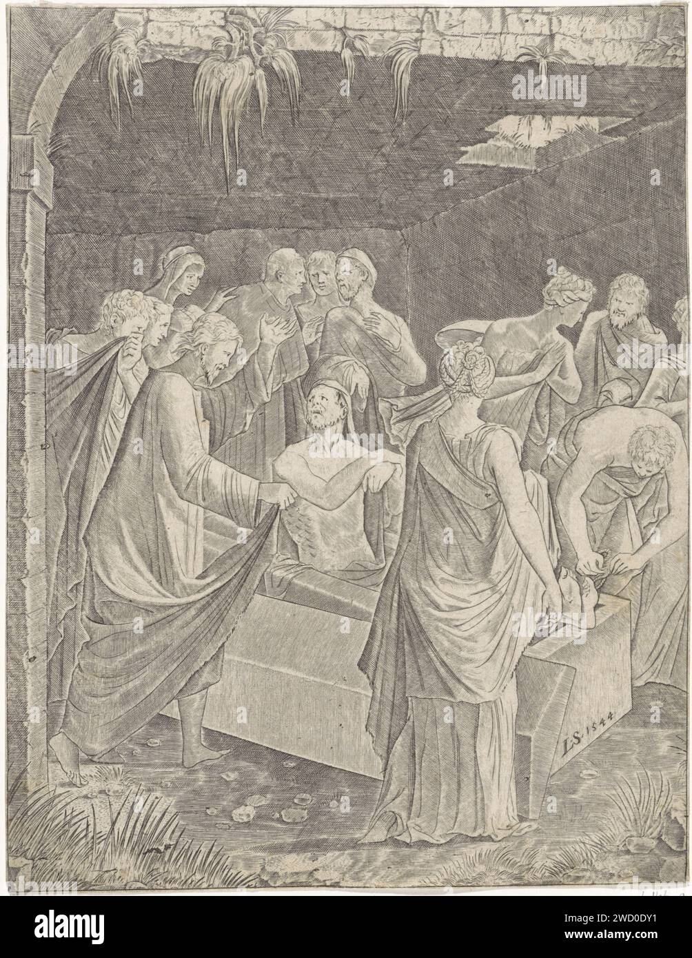 Opwekking Van Lazarus, Lambertus sweeter, 1544 print Christ stands with ...