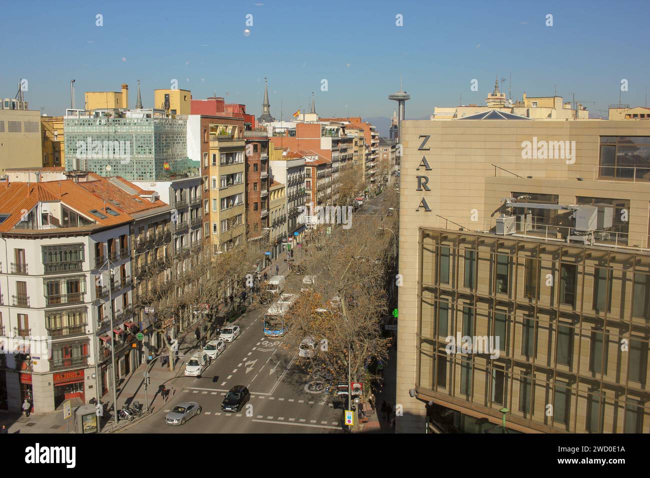 Madrid, Spain - 02 20 2023 : A view of a street in Madrid from El Corte ...