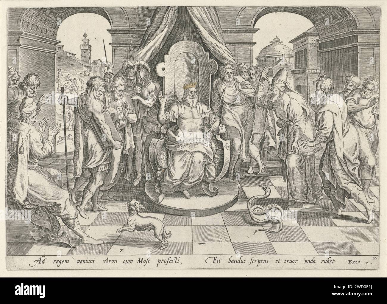 Mozes and Aaron at Pharaoh, Johannes Wierix, after Marten van Cleve (I ...