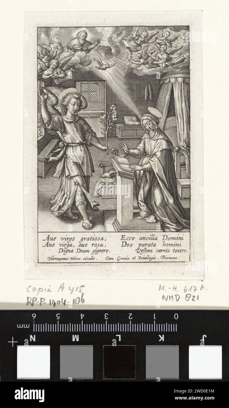Annunciatie, anonymous, after Hieronymus Wierix, 1563 - before 1619 print Maria is kneeling on ...