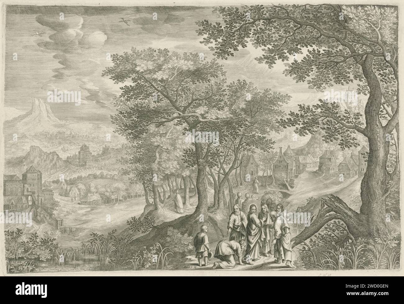 Mountain landscape with Christ who heals the blood -flowing woman, Jan van Londerseel, after ...