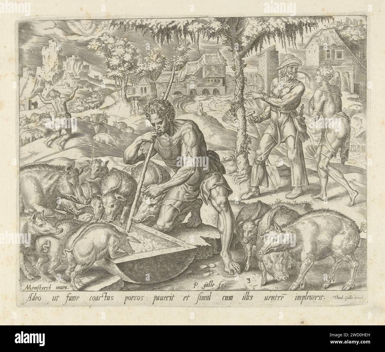 The lost son as a pig herd, Philips Galle, After Maarten van Heemskerck ...