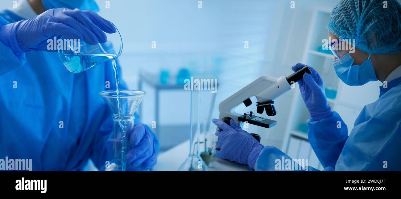 Testing, analysis and experiment. Laboratory employees working, banner ...