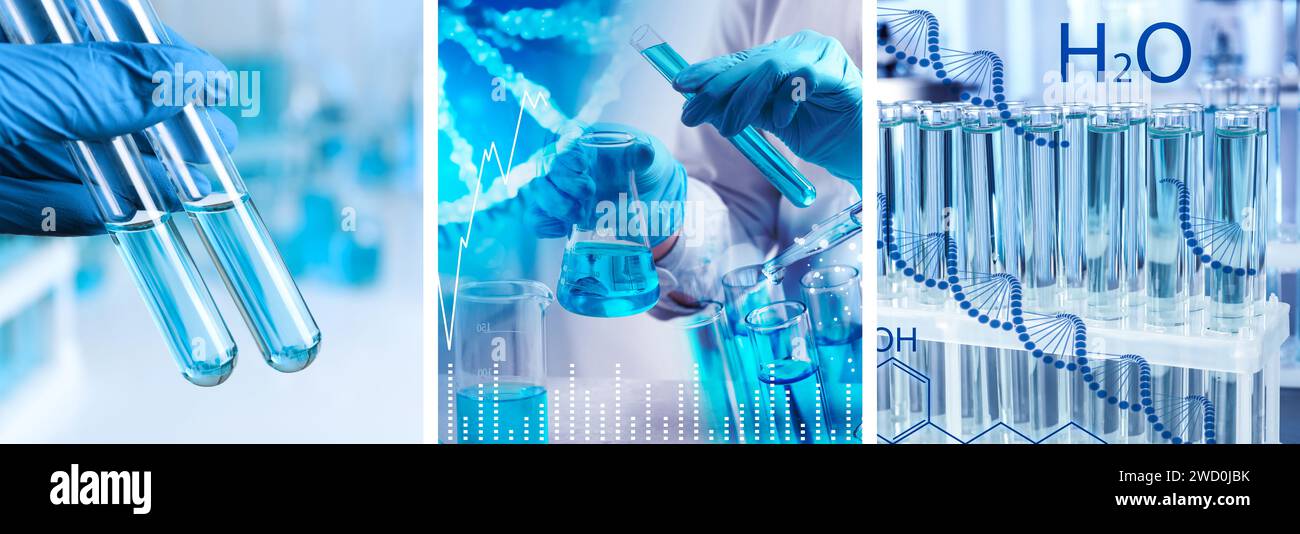 Laboratory glassware with samples and workers, collage Stock Photo - Alamy
