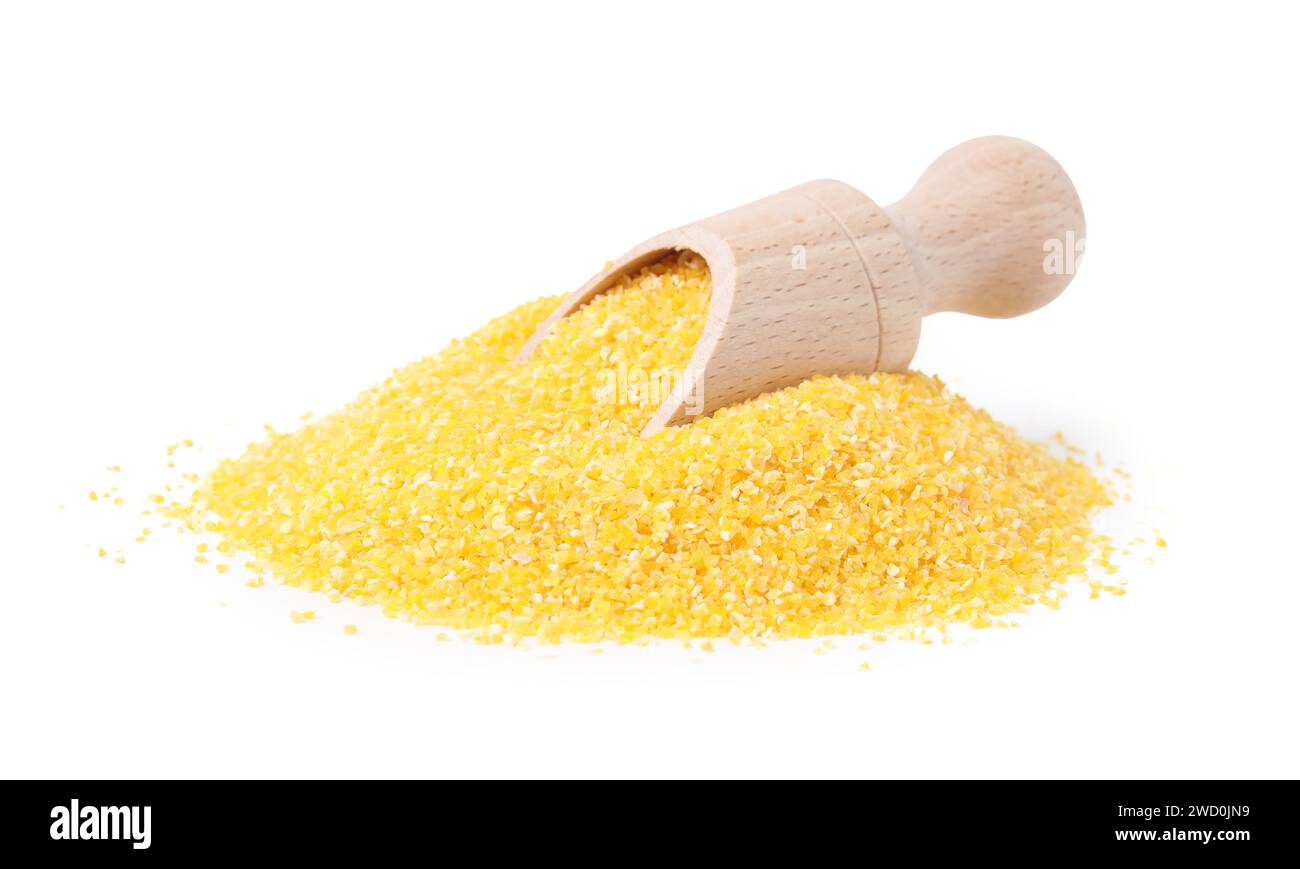 Pile of raw cornmeal and scoop isolated on white Stock Photo - Alamy