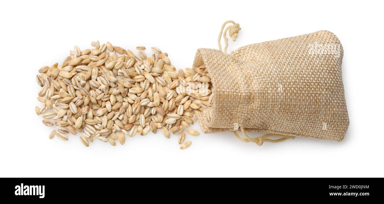 Burlap bag with raw pearl barley isolated on white, top view Stock ...