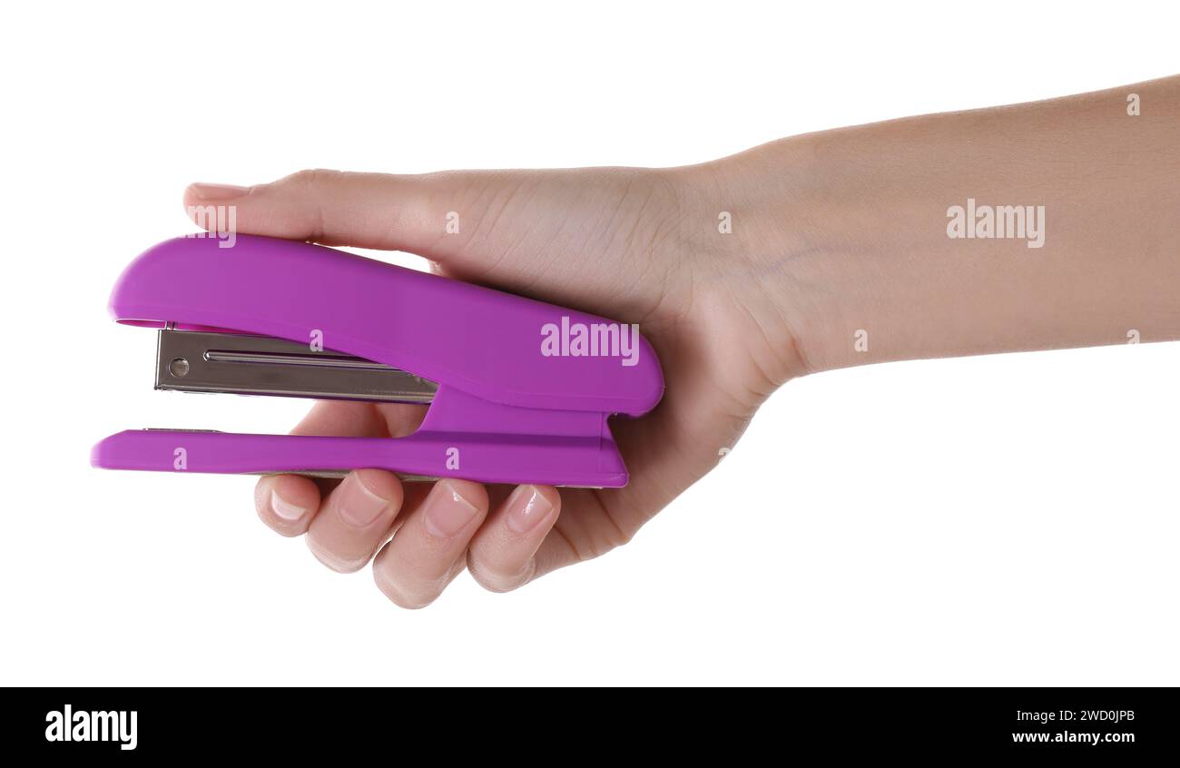 Woman holding purple stapler on white background, closeup Stock Photo ...