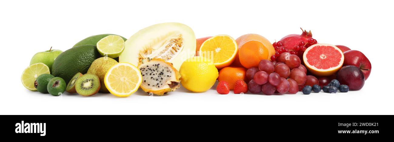 Many different fresh fruits isolated on white Stock Photo - Alamy