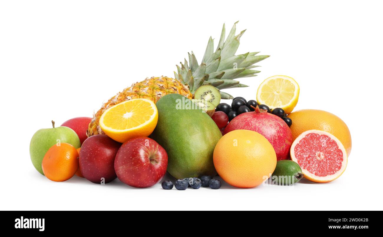 Many different fresh fruits isolated on white Stock Photo - Alamy