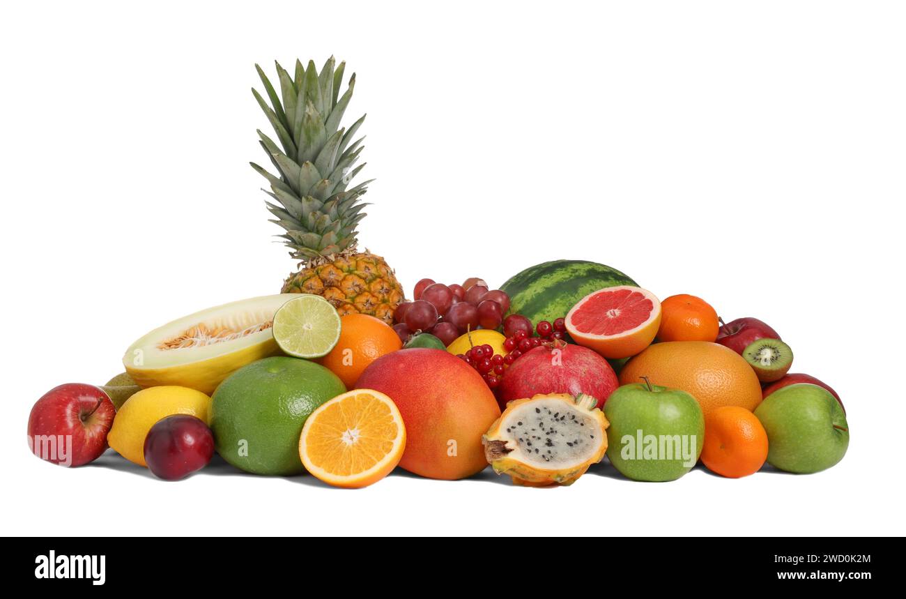 Many different fresh fruits isolated on white Stock Photo - Alamy