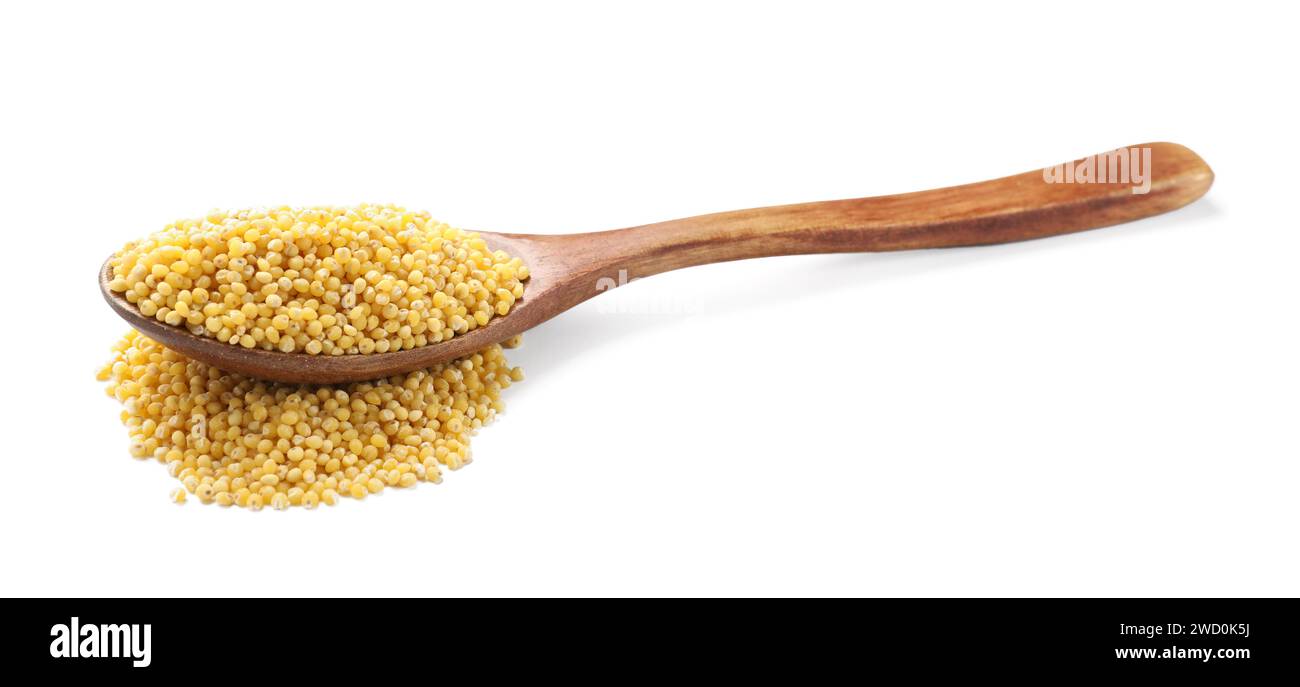 Wooden spoon with millet groats isolated on white Stock Photo - Alamy