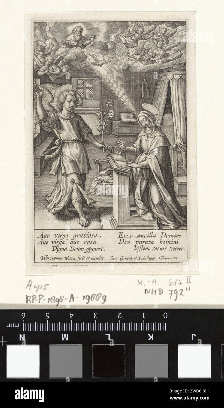 Annunciatie, Hieronymus Wierix, 1563 - before 1619 print Maria is kneeling on her desk in her ...