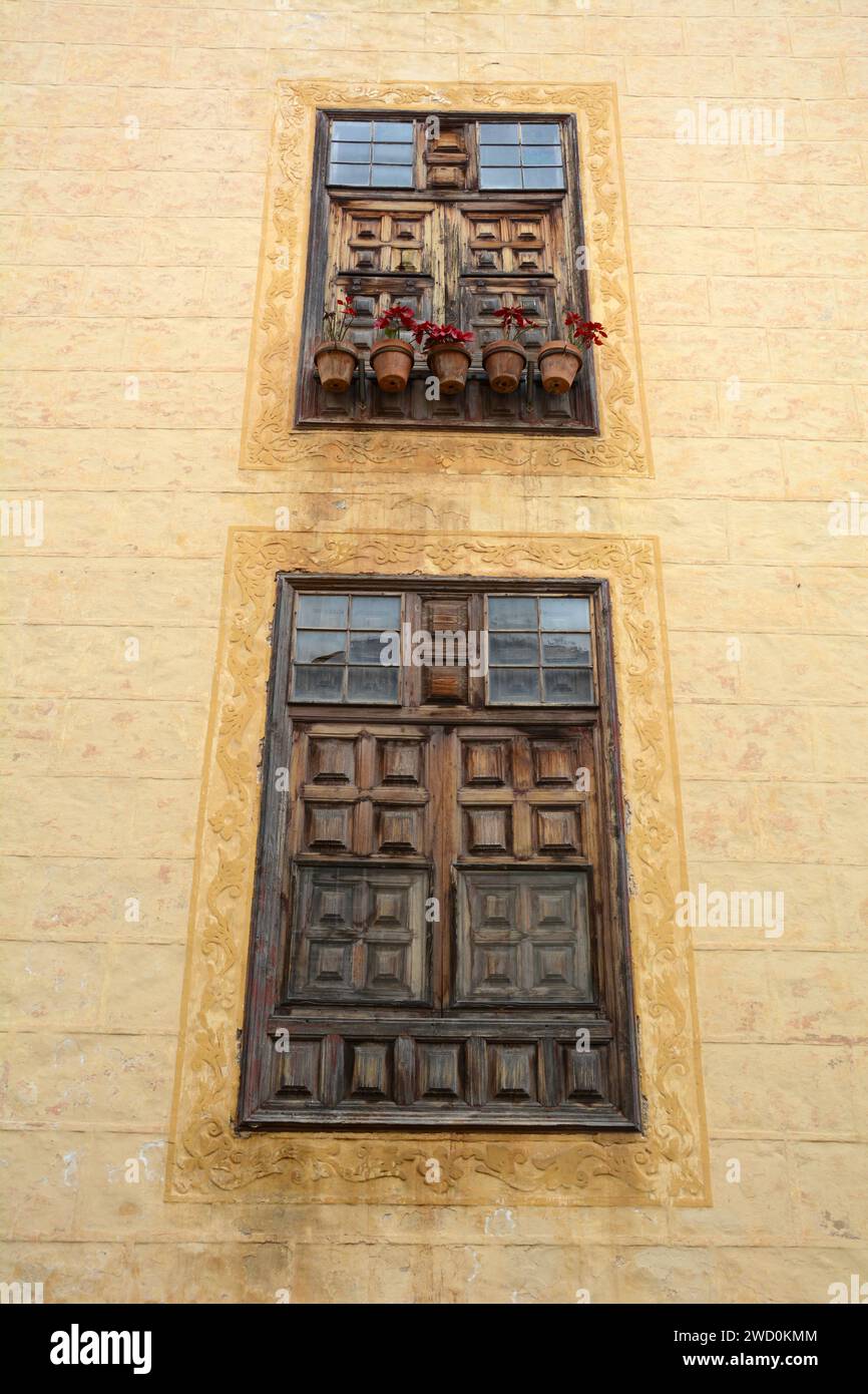 Wood shutter windows and sgraffito etchings at the Casa Lercero, a 17th ...