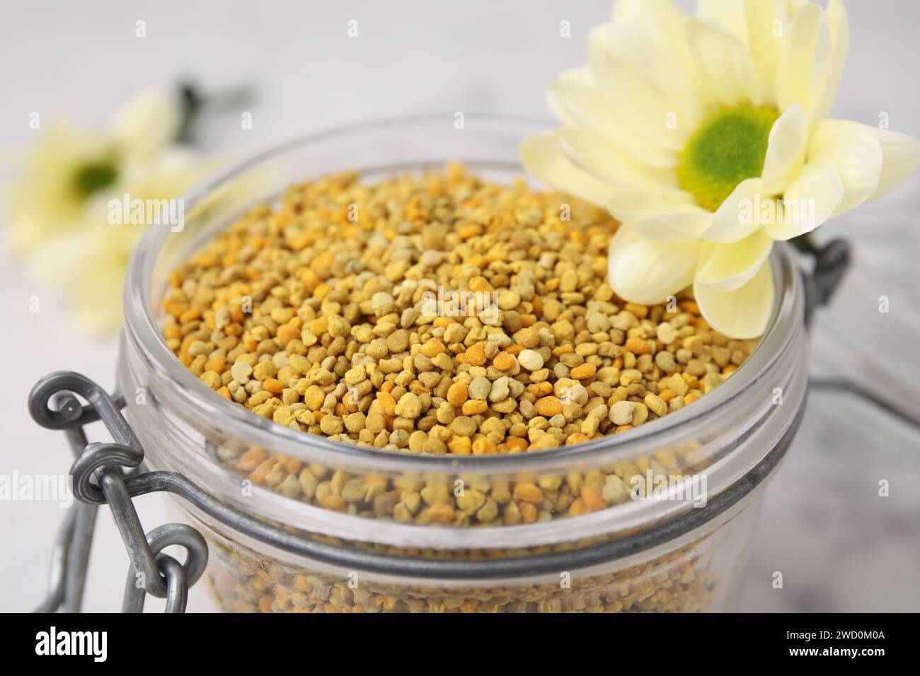 Fresh bee pollen granules in jar and flower, closeup Stock Photo - Alamy