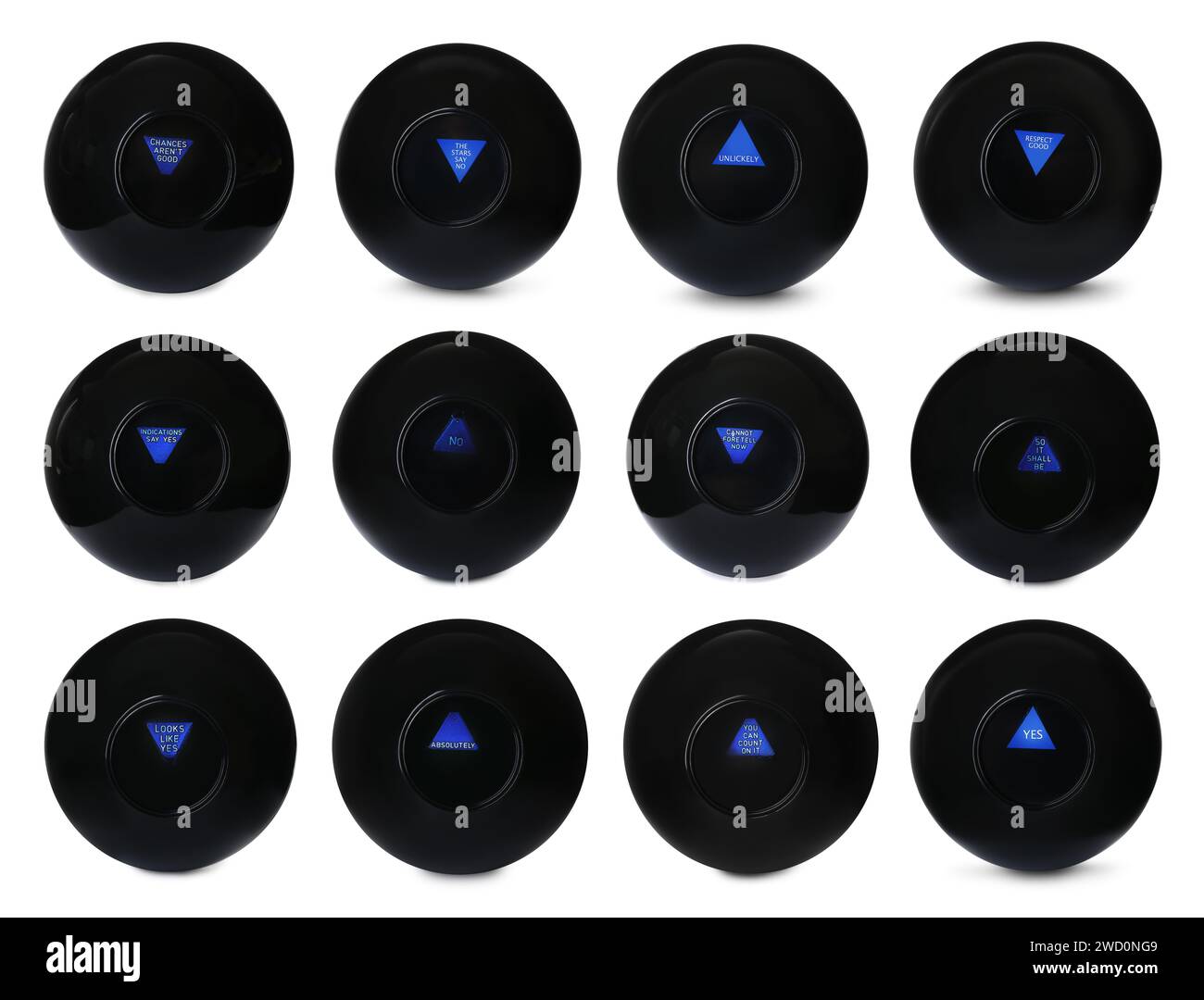 Magic eight ball with different predictions isolated on white ...