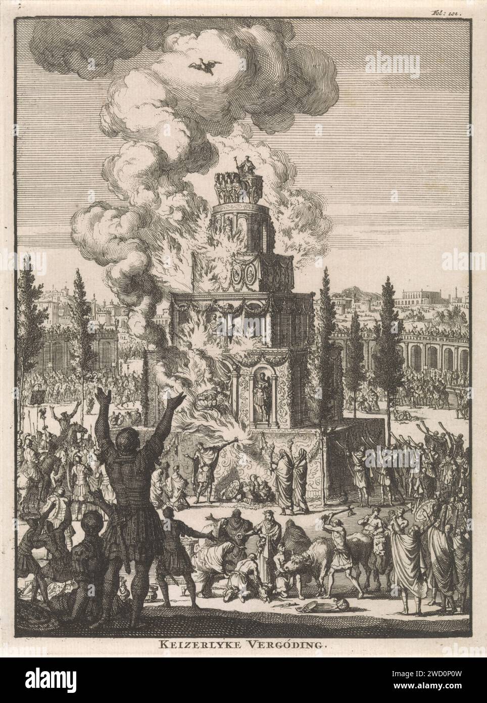 Romans around a giant stake where an eagle takes off from the flames ...